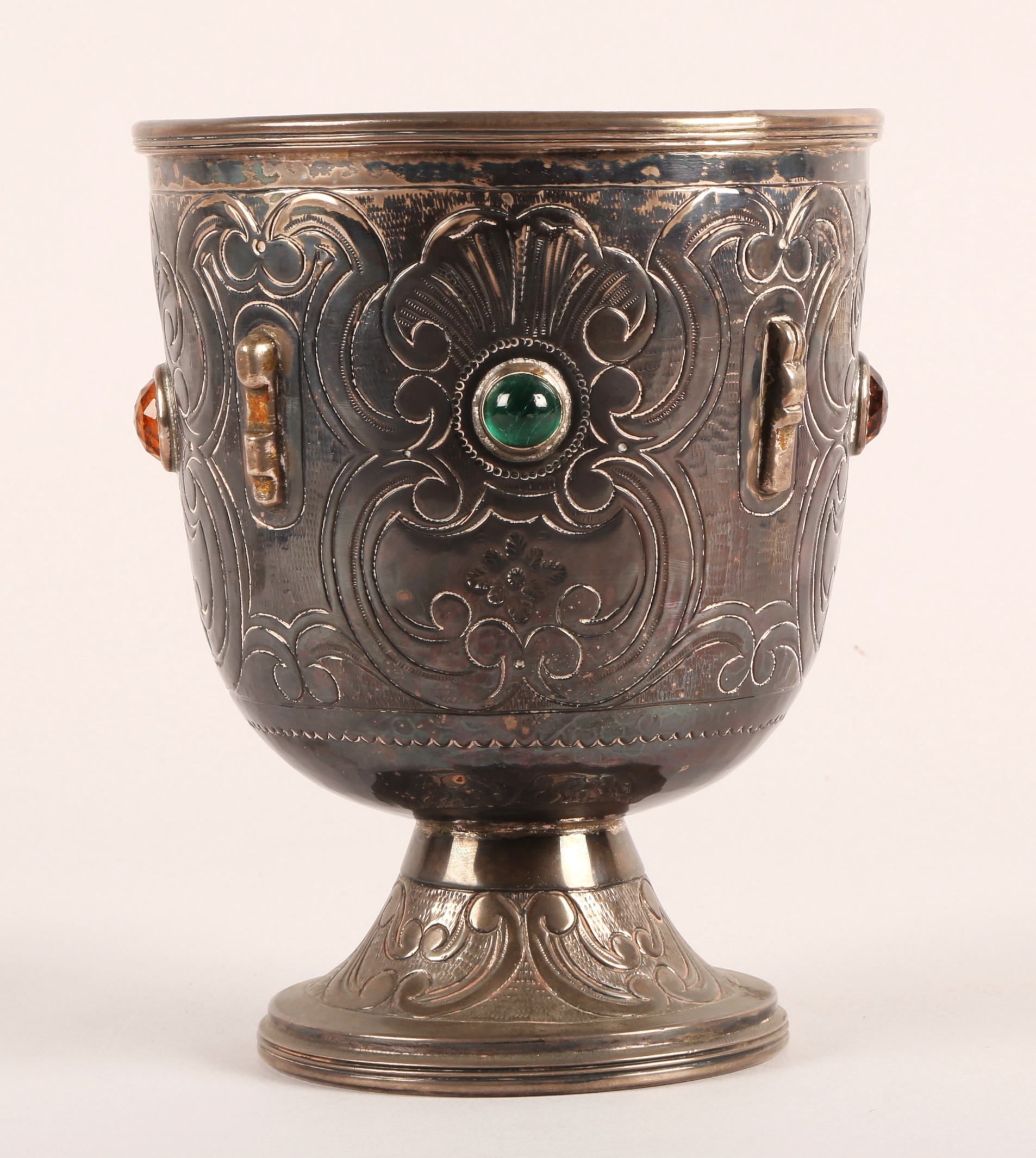 White metal chalice with glass cabochons, marked indistinctly, 20cm h