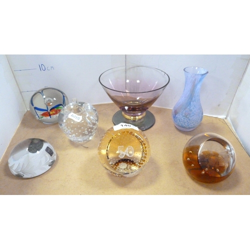Group of art glass paperweights to include Caithness 50th Anniversary ...