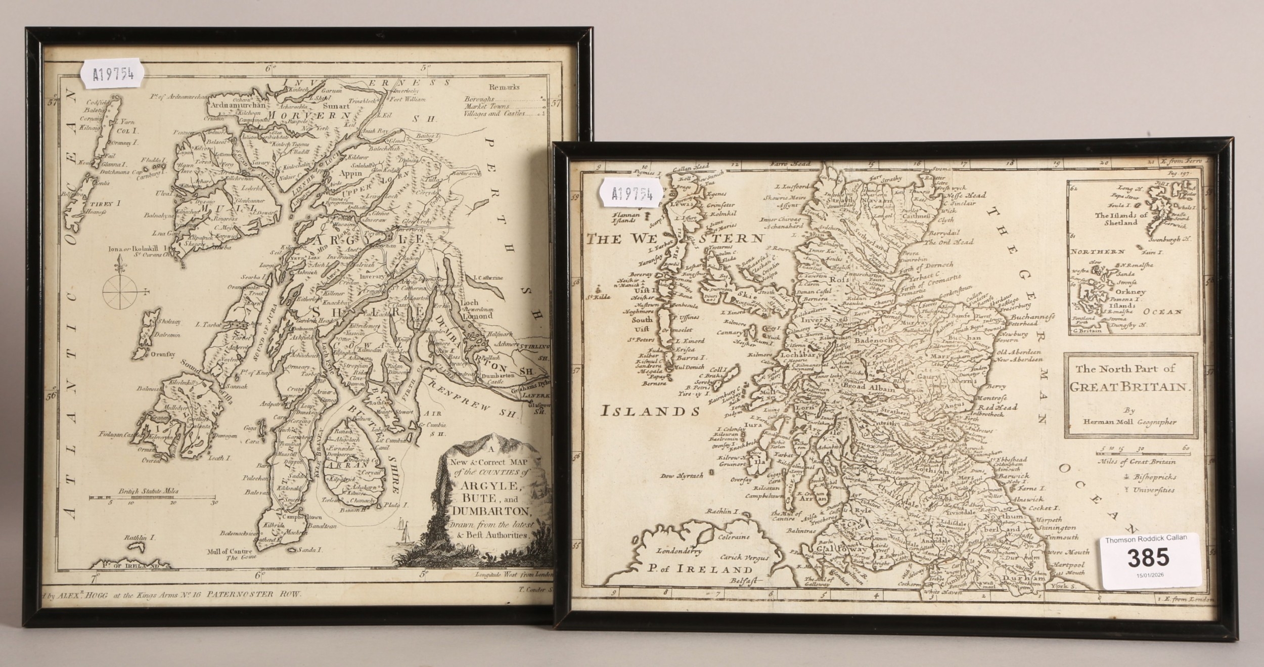 Two small framed antique maps, 'The North Part of Great Britain by ...