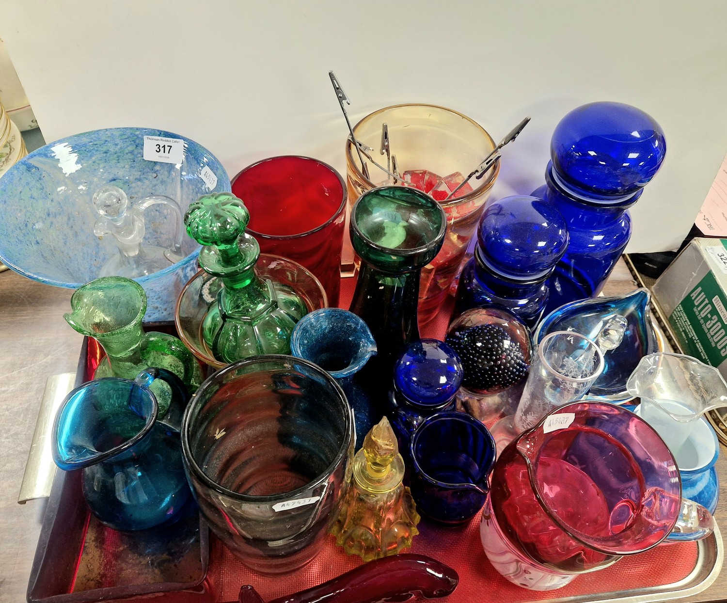 Collection of art glass to include vases, jugs, decanters, paperweights ...