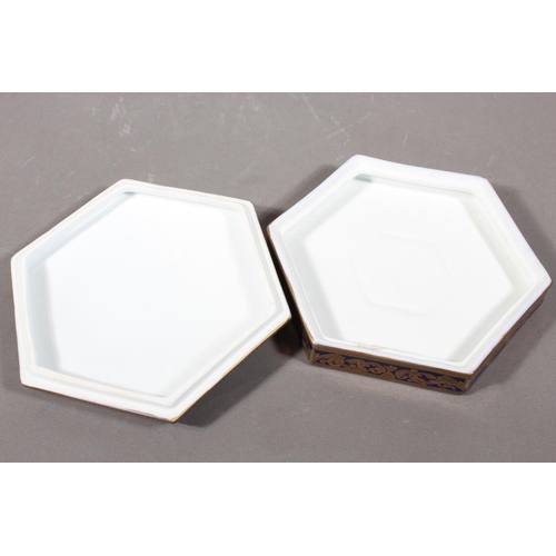 Modern French china hexagonal box and cover with central classical ...