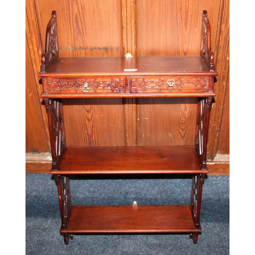 Edwardian style mahogany three tier wall shelf with two fret fronted ...