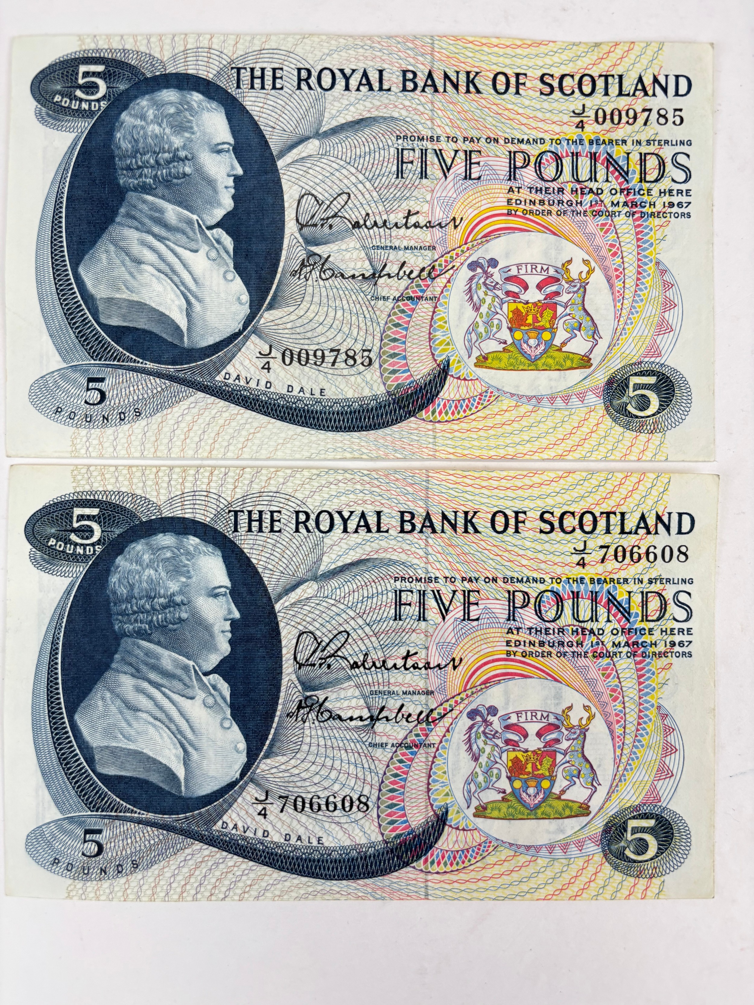 Two Royal Bank of Scotland £5 notes, March 1967