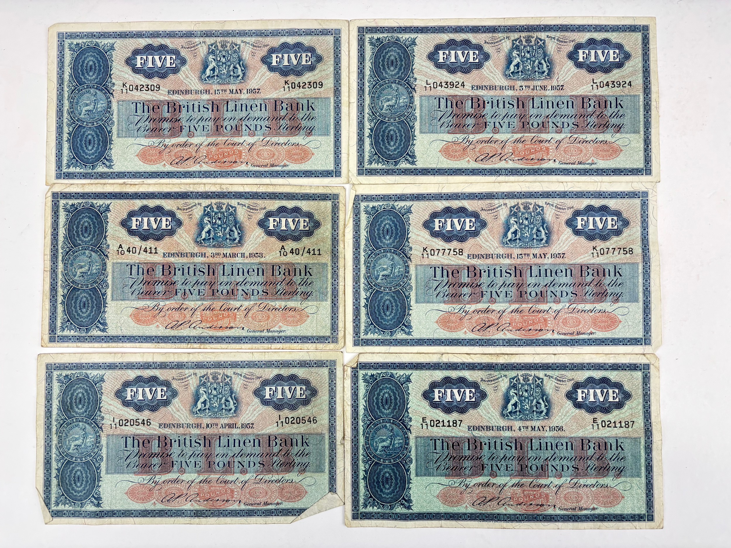 Six British Linen Bank £5 notes, 1953-1957