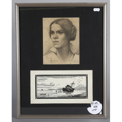William Macleod, Pencil Study of a Woman, mounted in frame with a pen ...