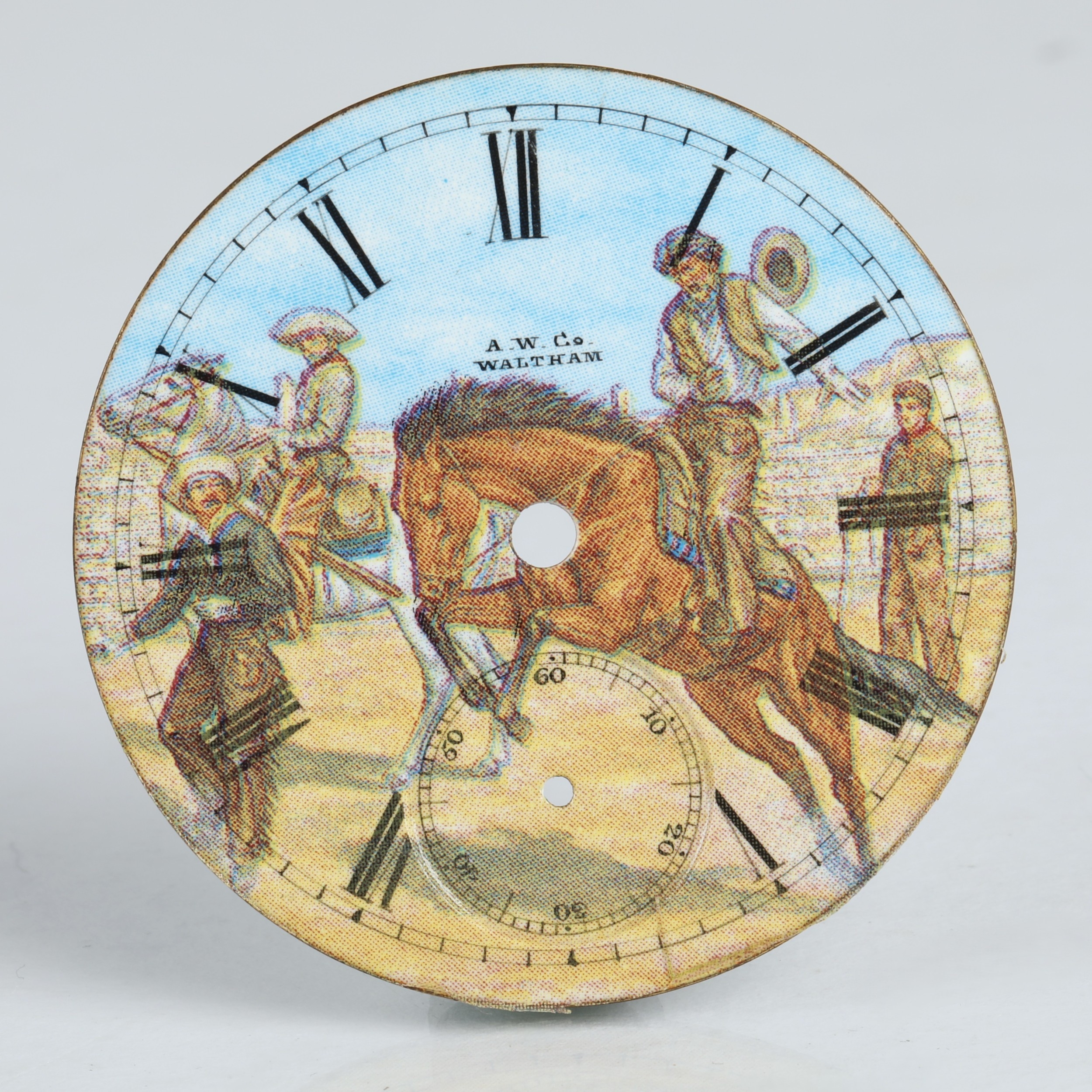 A. W. Co. Waltham enamel pocket watch face with cowboy design, approx ...
