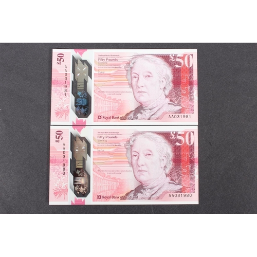 ROYAL BANK OF SCOTLAND consecutive pair of fifty pound £50 polymer ...