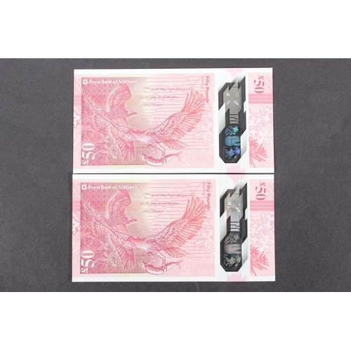 ROYAL BANK OF SCOTLAND consecutive pair of fifty pound £50 polymer ...