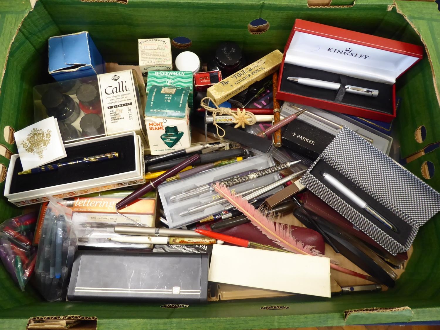 Box of fountain pens, biros - Parker, Papermate, calligraphy inks etc.