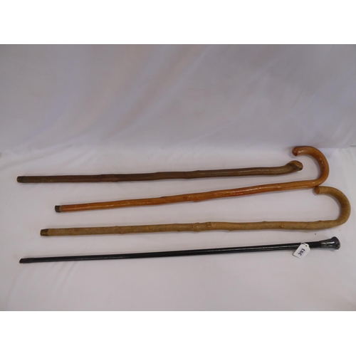 Silver topped cane, wooden walking sticks (4)
