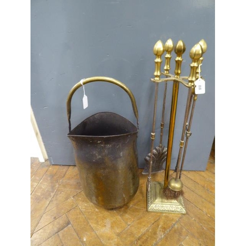 Brass fireside companion set and coal scuttle