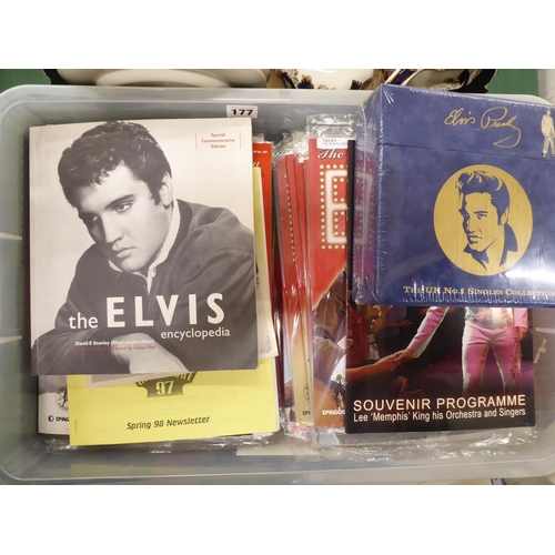 Box of Elvis Presley magazines, books, sealed UK no.1 singles box set