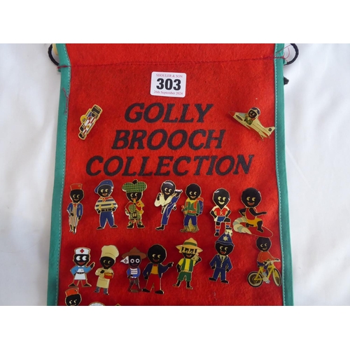 Golly brooch collection pin badges on felt scroll (approx 50)