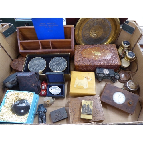 Treen and metalware - letter rack, boxes, fossil, matchbox holders ...