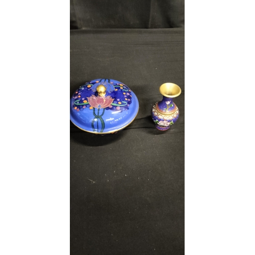 Deco Wilton ware bowl with lid and a small Cloisonné vase