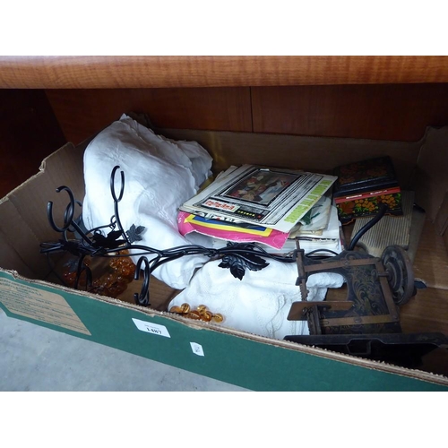 Box - Toy Sewing Machine, Butter Pats & Collection of 45rpm Records.