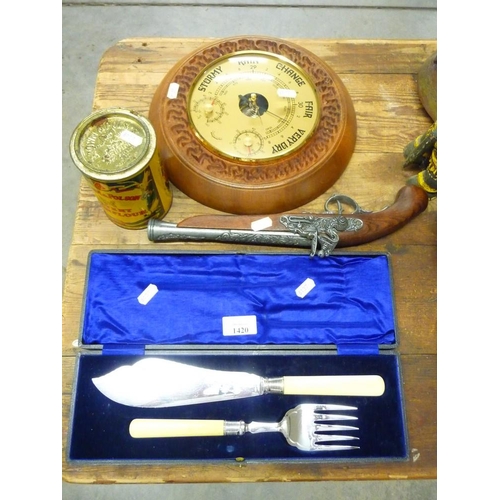 Mahogany Cased Barometer, Cased Fish Servers, Vintage Tin etc