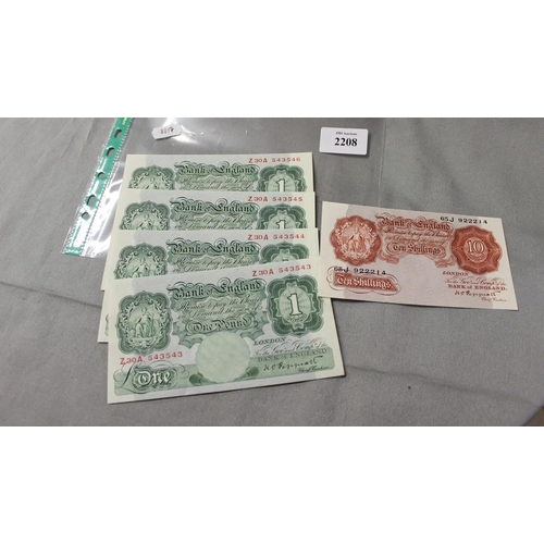 Bank of England 10 Shilling Note & 4 Bank of England £1 Notes