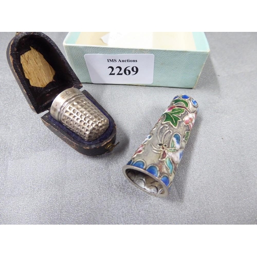 Chinese White Metal & Enamel Long Thimble, Cased Silver Thimble.