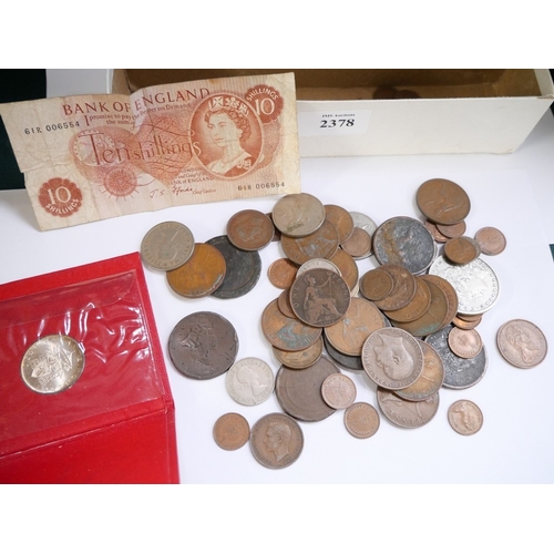 Selection of UK & World Coins, Single 10 Shilling Banknote etc