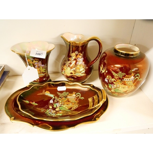 A Selection of Red Lustre Carlton Ware & Crown Devon - Vases, Dishes etc.