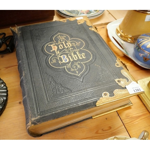 Victorian Leatherbound Family Bible with Decorative Brass Mounts.