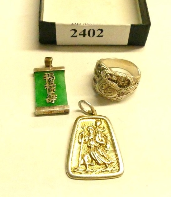Silver Ring, Chinese Pendant & St Christopher