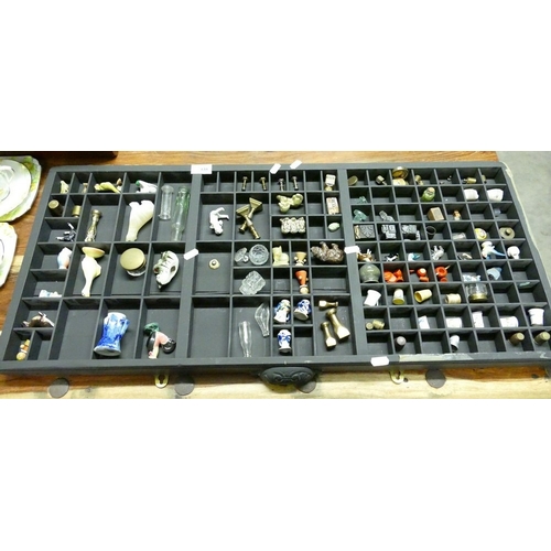 Printers Tray with Miniature Brass Candlesticks, Weights, Thimbles ...