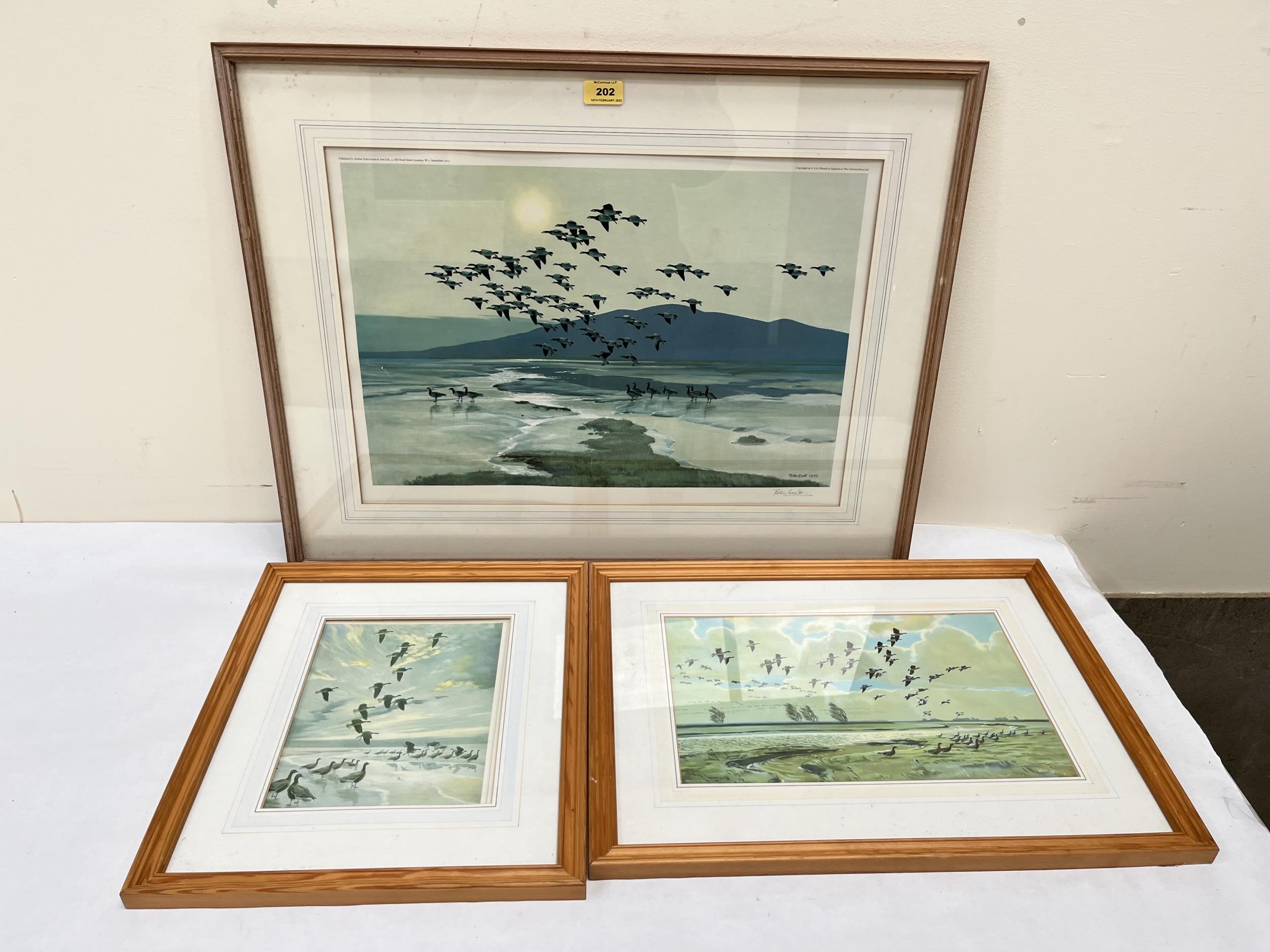 Three signed Peter Scott prints, the larger signed in pencil