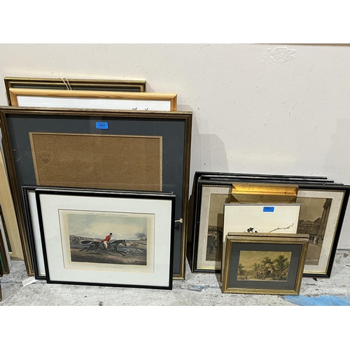 A collection of hunting and other prints and frames.