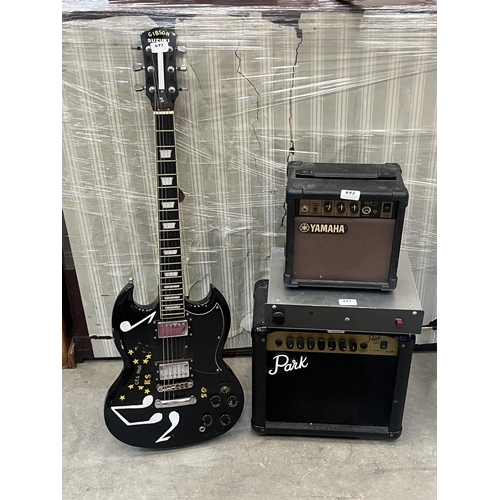 Two practice amplifiers, a Suzuki electric guitar and a home-built ...