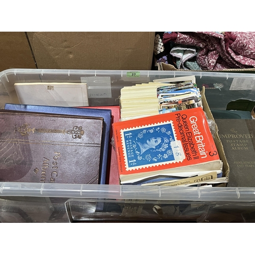 A box of stamps, first day covers and postcards.
