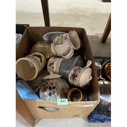 A box of Picquot ware and a box of ceramics.