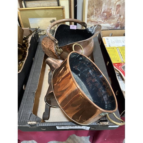 Two boxes of brass and copperware