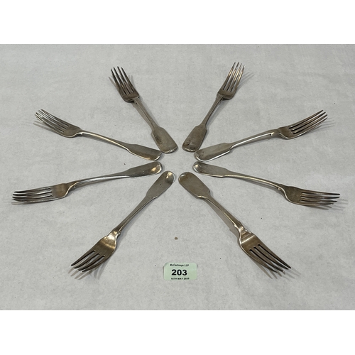 Eight silver fiddle pattern dinner forks. Various dates 19ozs 4dwts