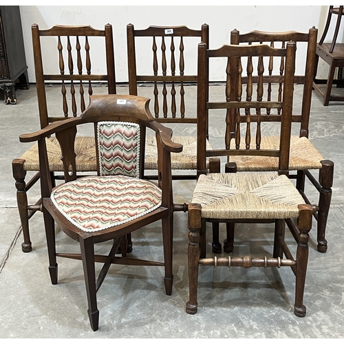 Four 'Lancashire' spindle back chairs with rush seats and an Edward VII ...