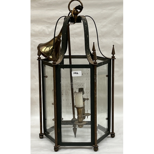 A brass hexagonal hall lantern. 13in diameter x 22in high