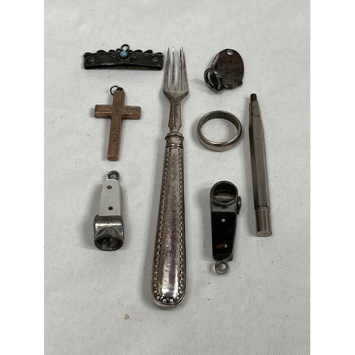 A 9ct cross pendant; a silver pickle fork; two cigar cutters and other ...