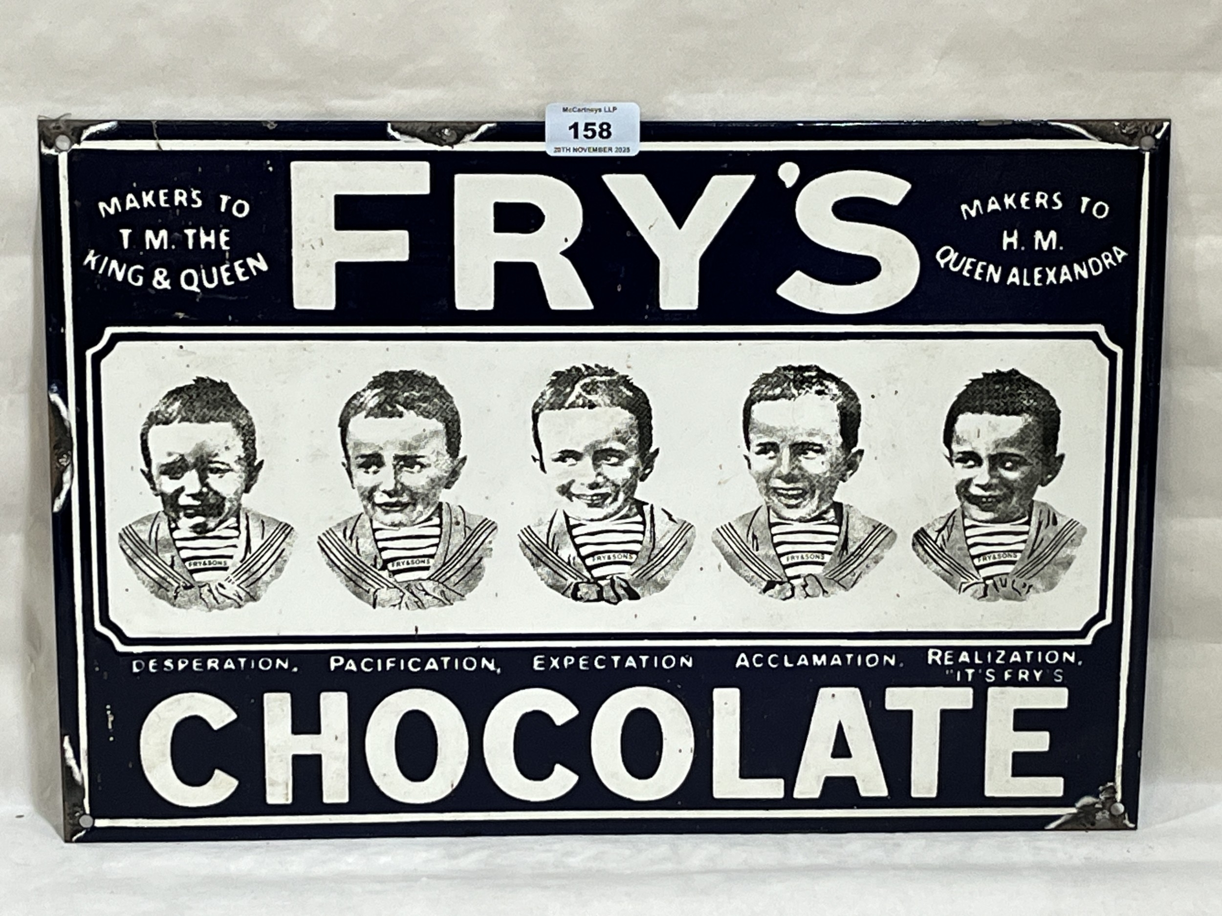 A Fry's Chocolate enamel sign. 12in x 18in