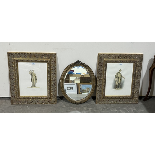 A pair of gilt framed prints of classical statues and a gilt framed ...