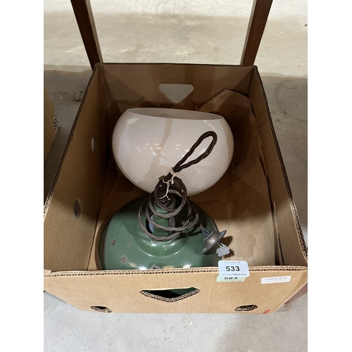 A green enamel hanging lamp and a 1980s perspex shade