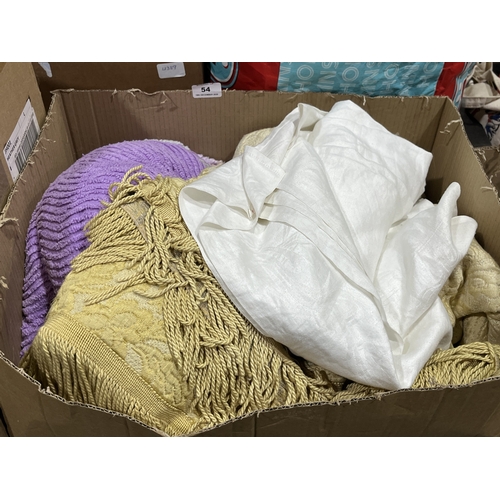 Two boxes of bed throws, linen table cloth and wool blankets