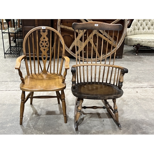 A stick back rocking chair and a wheelback armchair