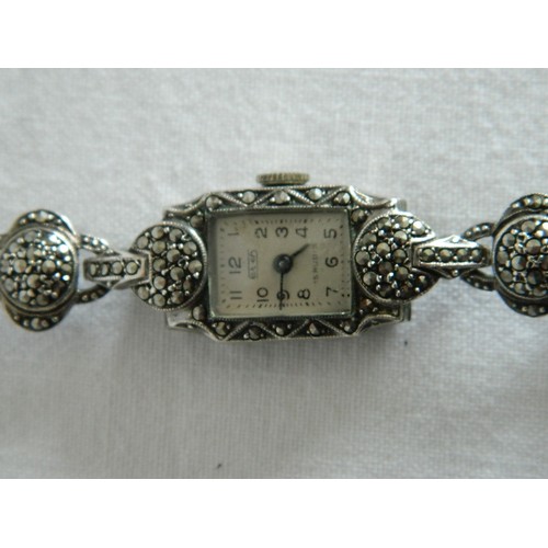 1940s vintage Swiss silver and marcasite cocktail watch with 15 ruby ...
