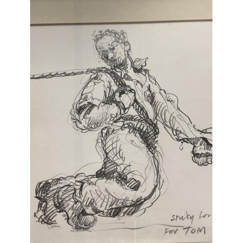 Kevin Sinnott (1947- ): Pencil sketch of a man chained to toil ...