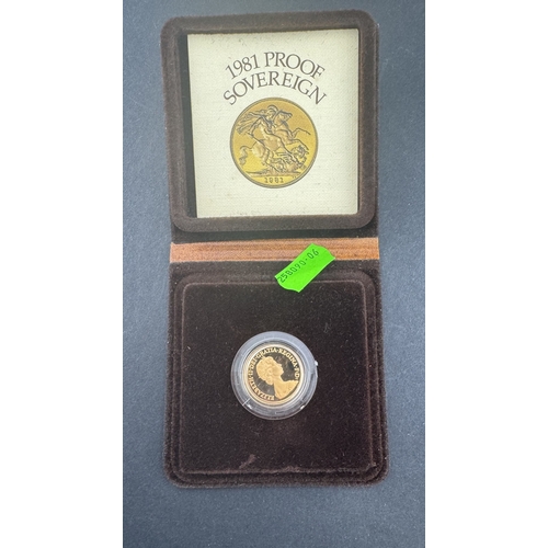 Coins: A Royal Mint 1981 proof gold full sovereign, encapsulated within ...