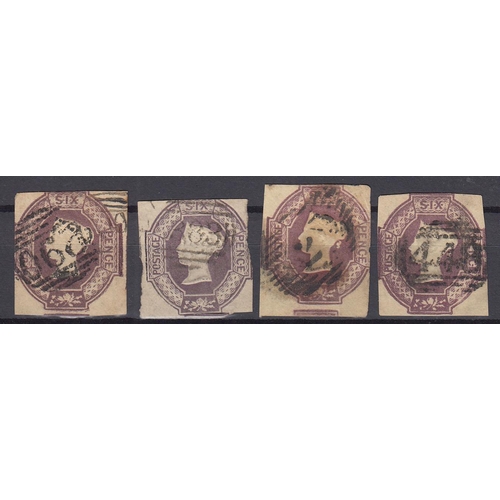 1847 Embossed 6d mauve x4 examples, different shades, each fine used ...
