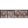1847 Embossed 6d mauve x4 examples, different shades, each fine used ...