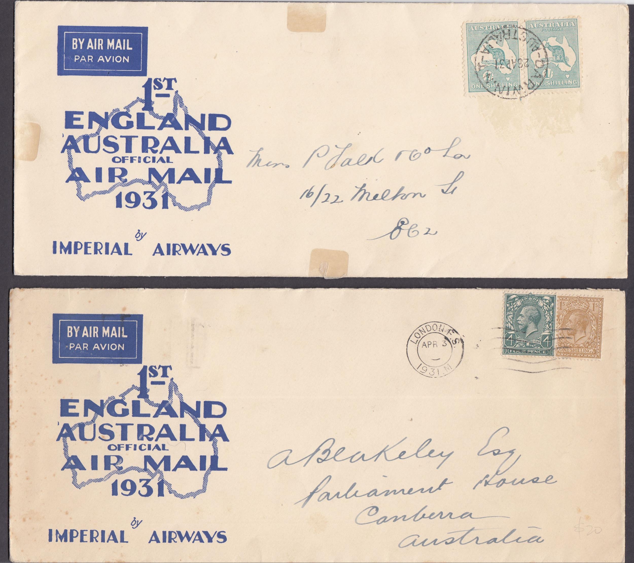 A group of 4 Air Mail covers including 1931 England to Australia ...
