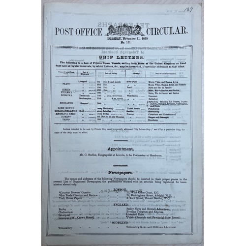 Post Office Circular, Tuesday November 11th 1879, No.151, 2 pages ...
